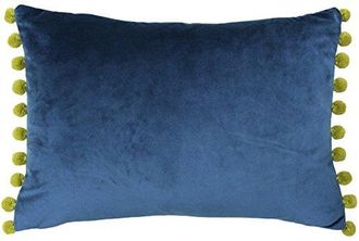 Riva Paoletti Fiesta Rechteckige Kissenh&uuml;lle - Samtoptik mit Bommelkante (Indigo/Olive - 35 x 50 cm)