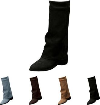 Generic Bottes montantes en daim pour femme - Bottes western mi-mollet bas bloc &agrave; bout pointu - Bottes hautes &agrave; talon bloc - Bottines d&eacute;quitation tendance pou