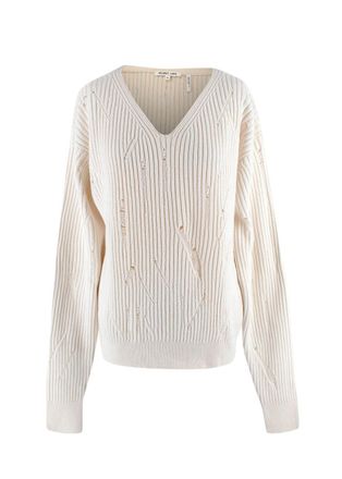 Helmut Lang Ivory Distressed V-Neck Wool Sweater Size M