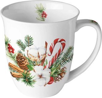 Ambiente Kaffeetasse Teetasse Becher mug 0,4 l Fine Bone China Porzellan Zweige Zapfen Blumen Weihnachten Advent christmas arrangement