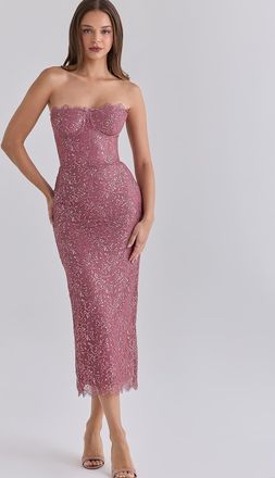 House of CB Alexia robe midi bustier en dentelle m&eacute;tallis&eacute;e rose