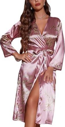 Feoya Robe de chambre en satin doux pour femme - Robe de nuit longue en soie - Col en V, rose, M