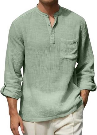 Generic Chemise d&eacute;contract&eacute;e en coton et lin &agrave; manches longues boutonn&eacute;e pour homme - Chemise Henley l&eacute;g&egrave;re &agrave; manches longues - Col boutonn&eacute; - Uni - Pour homm