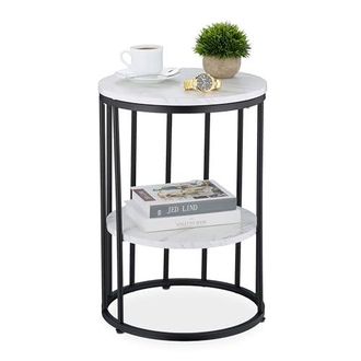 Relaxdays Beistelltisch Marmoroptik, 2 Ablagen, für Wohnzimmer, Metall & MDF, Sofatisch rund, HxD 57x40 cm, weiß/schwarz