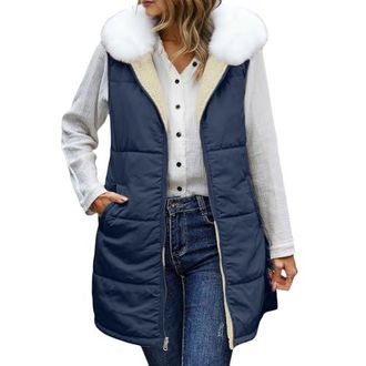 Generic Gilet long &agrave; capuche pour femme - Automne - Hiver - Gilet matelass&eacute; sans manches - Doudoune doubl&eacute;e - Gilet polaire chaud - Gilet long &agrave; capuche - Gil