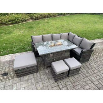 Fimous 9-Sitzer Outdoor High Back Rattan Gas Feuergrube Ecke Sofa Set Gartenm&ouml;bel Heizung Esstisch Set Fu&szlig;hocker Dunkelgrau Gemischte rechte Hand - Fimous