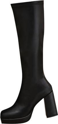 Generic Bottes montantes au genou pour femme - Talon bloc - &Eacute;l&eacute;gantes - Couleur unie - Semelle &eacute;paisse - Extensible - Style d&eacute;contract&eacute; et classique, Noir, 38