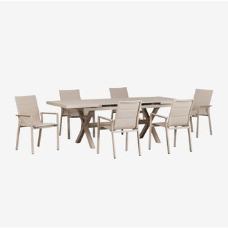 Sklum Set aus ausziehbarem rechteckigem Gartentisch 180-240x90 cm und 6 stapelbaren Gartenst&uuml;hlen mit Aluminiumarmlehnen Karena Beige Tapioca