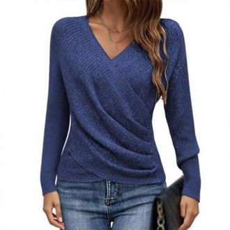 Generic &Eacute;l&eacute;gant pull en tricot d&eacute;contract&eacute; pour femme, col en V 2026, pull crois&eacute; pour le printemps et lautomne, bleu marine, M