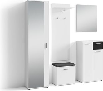 Byliving Garderoben-Set Jakob/Flur Garderobe mit Spiegel/viel Stauraum / 5-teilig/Spiegel/Schuhkommode/Wandpaneel/Sitzbank/Hochschrank