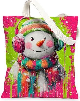 Generic Sacs fourre-tout en toile motif bonhomme de neige dhiver, sacs de courses r&eacute;utilisables, l&eacute;gers et lavables pour salle de sport, voyage, pique-nique, 