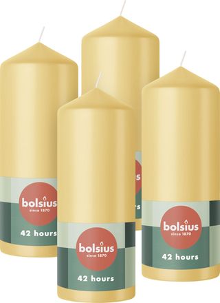 Bolsius Bolsius Glatte Stumpenkerzen - Beige - 4 St&uuml;ck - 15 x 6 cm - Dekorative Haushaltkerzen - L&auml;nge Brenndauer 42 Stunden - Unparf&uuml;mierte - Enth&auml;lt Nat&uuml;rli