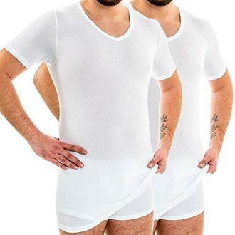 Hermko 164887 Lot de 2 T-Shirt Homme Extra-Long avec Col en V en Coton/Modal (+10 cm), Taille:9 (XXXXXL), Couleur:Blanc