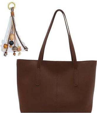 Generic Grand sac fourre-tout vintage pour femme, sac &agrave; bandouli&egrave;re en cuir v&eacute;g&eacute;talien, sac &agrave; main l&eacute;ger et d&eacute;contract&eacute; avec pendentif chic pour l&eacute;cole, le tr