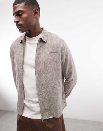 AllSaints Keal - Veste en lin m&eacute;lang&eacute; &agrave; carreaux avec logo - Marron