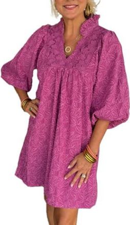 Generic Robe Courte en Jacquard à Manches Bouffantes pour Femme, Robe à Manches Longues Bouffantes à col en V pour Femme, Robes à col en V (Rose Red,TTG)