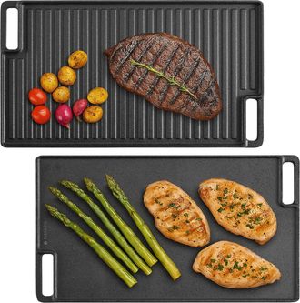 Navaris Doppelseitige Grillpfanne aus Gusseisen - 47 x 27,5cm Eingebrannte Pfanne Gusseisen - Langlebig und hitzebest&auml;ndig, f&uuml;r Gaskocher, Grill - Grillpfanne