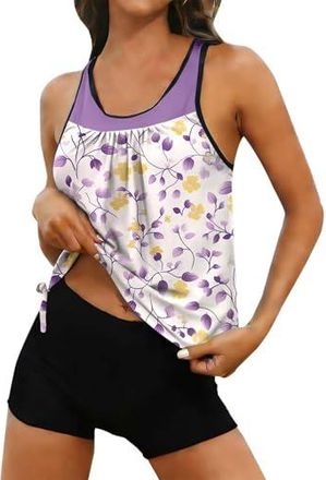 Generic Maillot de bain tankini deux pi&egrave;ces pour femme avec short boyleg - Contr&ocirc;le du ventre - Taille haute - D&eacute;bardeur de bain vintage &agrave; imprim&eacute; floral - Po