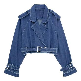 Generic Veste en jean vintage pour femme avec ceinture - Coupe ample - Col &agrave; revers - V&ecirc;tement dext&eacute;rieur &eacute;l&eacute;gant, bleu, XS