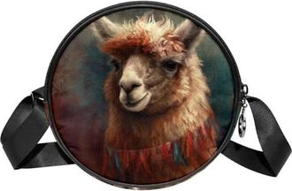 Generic Sac &agrave; bandouli&egrave;re rond pour femme, motif alpaga vintage, petit sac &agrave; bandouli&egrave;re avec fermeture &eacute;clair, bretelles r&eacute;glables, sac &agrave; main rond d&eacute;contrac