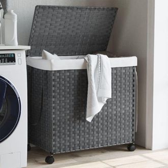vidaXL Panier &agrave; linge avec roulettes gris 60x35x60,5 cm r&eacute;sine tress&eacute;e Vidaxl