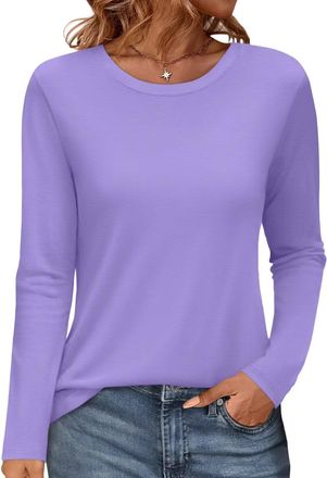 Onsoyours Damen Rundhals Tshirt Langarm Pullover Herbst Winter Oberteile Einfarbig Basic Longshirt Tops A Lila XL