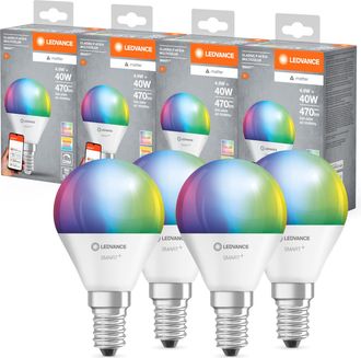 Ledvance Ledvance SMART+ MATTER LED-Lampe, kompatibel mit Google, Alexa, Apple, wei&szlig;e Frost-Optik, 4,9W, 470lm, E14, Farblicht & Wei&szlig;licht, App- oder Sprachste