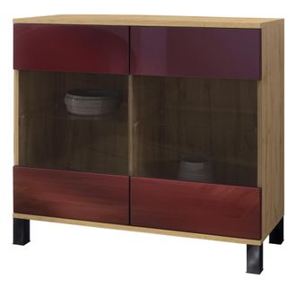 Vladon Kommode Bari V3, Moderner Küchenschrank mit 2 großen Glastüren Eiche Evoke/Bordeaux Hochglanz (92,5 x 84.5 x 35)