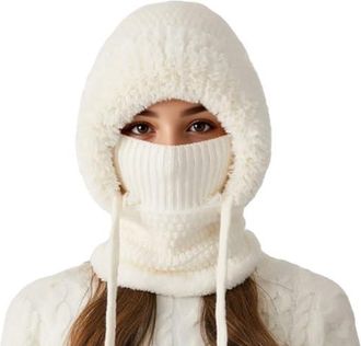Generic Bonnet dhiver Chaud en Maille pour Femme, doubl&eacute; de Peluche &eacute;paisse, &agrave; Capuche, Coupe-Vent, avec &eacute;charpe int&eacute;gr&eacute;e, Blanc, Taille Unique