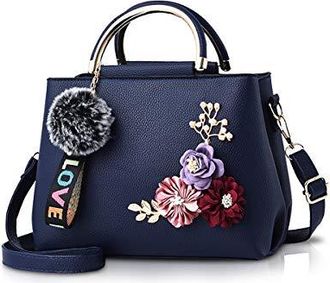 Nicole & Doris NNICOLE&DORIS femmes Cuir Sacs à main Sacs à bandoulière avec fleur Ancien Sac à poignée Designer Fourre-tout sac à main avec Pom Pom bleu foncé