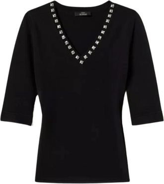 Twinset Femme, Pulls, Noir, Taille: 36 FR Pulls noirs avec col en V et strass
