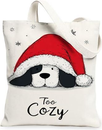 Generic Sacs fourre-tout en toile pour chien de No&euml;l, adorable motif animal, sacs d&eacute;picerie r&eacute;utilisables, l&eacute;gers et lavables avec bandouli&egrave;re Ca, blanc, 13x1