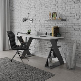 Decortie Papillon Moderner Schreibtisch mit B&uuml;cherregalbeinen Breite 137cm - Wei&szlig; / Anthrazit Grau - Wei&szlig; - Anthrazit Grau - Decortie