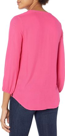 Amazon Essentials Damen Popover-Shirt Mit 3/4-Ärmeln Und Knöpfen, Locker Sitzende Bluse Mit V-Ausschnitt, Intensive Rosa, L
