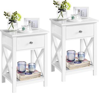Yaheetech 2 Stück Nachttisch Nachtkommode mit 1 Schublade und offenem Ablagefach Beistelltisch X-förmige Stützbeine Moderner Nachtschrank Sofatisch für Schlafzi