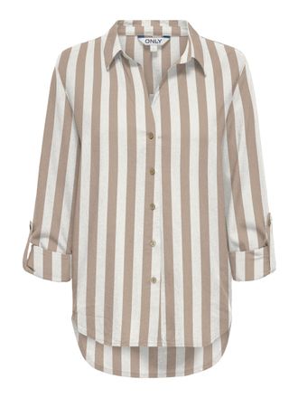 Only Hemdbluse ONLY ONLGOA 3/4 STRAP LINEN BL SHIRT CC PNT, Damen, Gr. S, cloud dancer stripes:oxford tan, Web, Obermaterial: 70% Viskose, 30% Leinen, gest