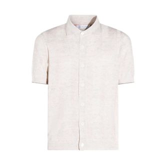Brunello Cucinelli Homme, Tops, Beige, Taille: 2XL Chemise Ray&eacute;e en Lin