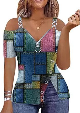 ORANDESIGNE Haut Asymetrique Femme Épaules Dénudées Tee Shirt Col zippé T Shirt Col V Sexy Cache Coeur Tunique Top Ceinture Chaîne Blouse Chic Et Élégant Débardeu