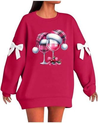 Generic Pull de Noël tendance décontracté surdimensionné à manches longues avec noeud papillon mignon pour femme, imprimé arbre de Noël pailleté, flocon de ne