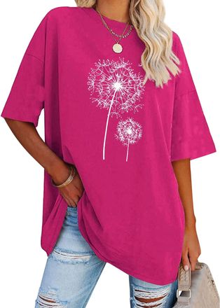 Dresswel Tshirt Damen Oversize Pusteblume Druck T-Shirt Kurzarm Rundhals L&auml;ssiges L&ouml;wenzahn Blumen Tee Shirts Sommer Oberteile Lose Lang Tops Bluse f&uuml;r Teenage