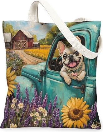 Generic Sac fourre-tout en toile motif bouledogue fran&ccedil;ais printanier 33 x 38,1 cm, sac d&eacute;picerie r&eacute;utilisable pour femme, motif de voyage pour animaux de com