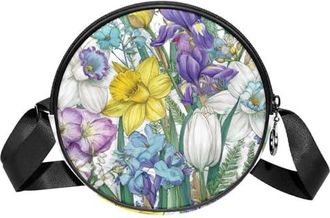 Generic Sac &agrave; bandouli&egrave;re rond pour femme, motif floral printanier, petit sac &agrave; bandouli&egrave;re avec fermeture &eacute;clair, bretelles r&eacute;glables, sac &agrave; main rond d&eacute;cont