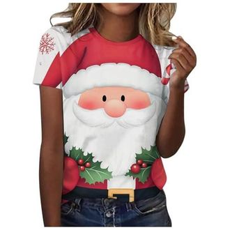 Generic T-shirts de Noël pour femme - Imprimé flocon de neige à manches courtes - Tunique décontractée ample à col rond - Motif arbre de Noël - Joli chemisier