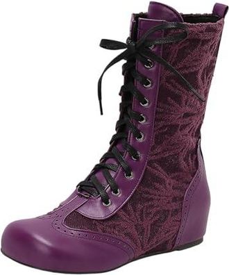 Generic Bottes &agrave; lacets pour femme - Talon plat - Style d&eacute;contract&eacute; - Polyvalentes - Bout rond - Confortables - Coupe large - Pour lautomne et lhiver, violet,