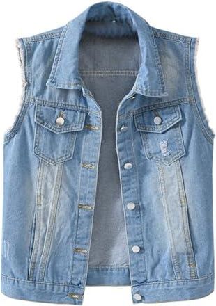 Generic Gilet en jean pour femme avec rivets noirs punk - gilet en jean pour femme grandes tailles, veste en jean sans manches oversized, gilet l&eacute;ger d&eacute;t&eacute; &eacute;l&eacute;