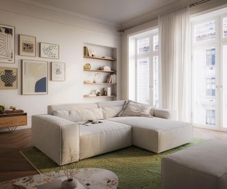 DELIFE Ecksofa Sirpio XL 270x170 cm Strukturstoff Soft Beige Recamiere variabel mit Hocker, Ecksofas