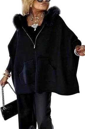 Generic Veste décontractée à col en fourrure pour femme, vêtements dextérieur chauds pour lautomne et lhiver, revers ouvert sur le devant, style à capuche, fe