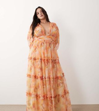 Lace & Beads Plus Robe longue en tulle &agrave; fleurs avec manches ballon et volants - Orange-multicolore