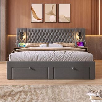 Liberte Lit coffre,lit double,lit adulte 160x200 avec 2 tables de chevet et 4 tiroirs lit capitonn&eacute;, - velours,gris