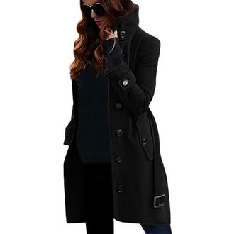 Generic Manteau caban dhiver pour femme, mi-cuisse, simple boutonnage, style trench, noir, taille L
